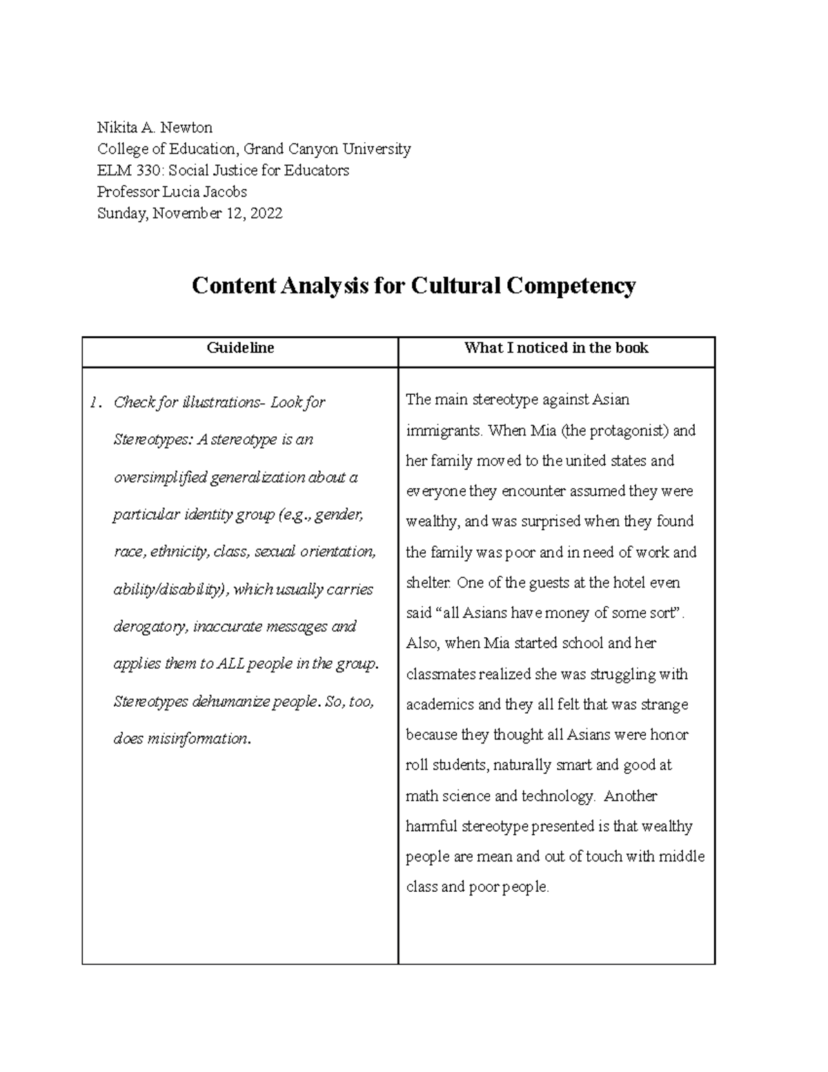 EDU 330 - Content Analysis for Cultural Competency - Nikita A. Newton College of Education ...
