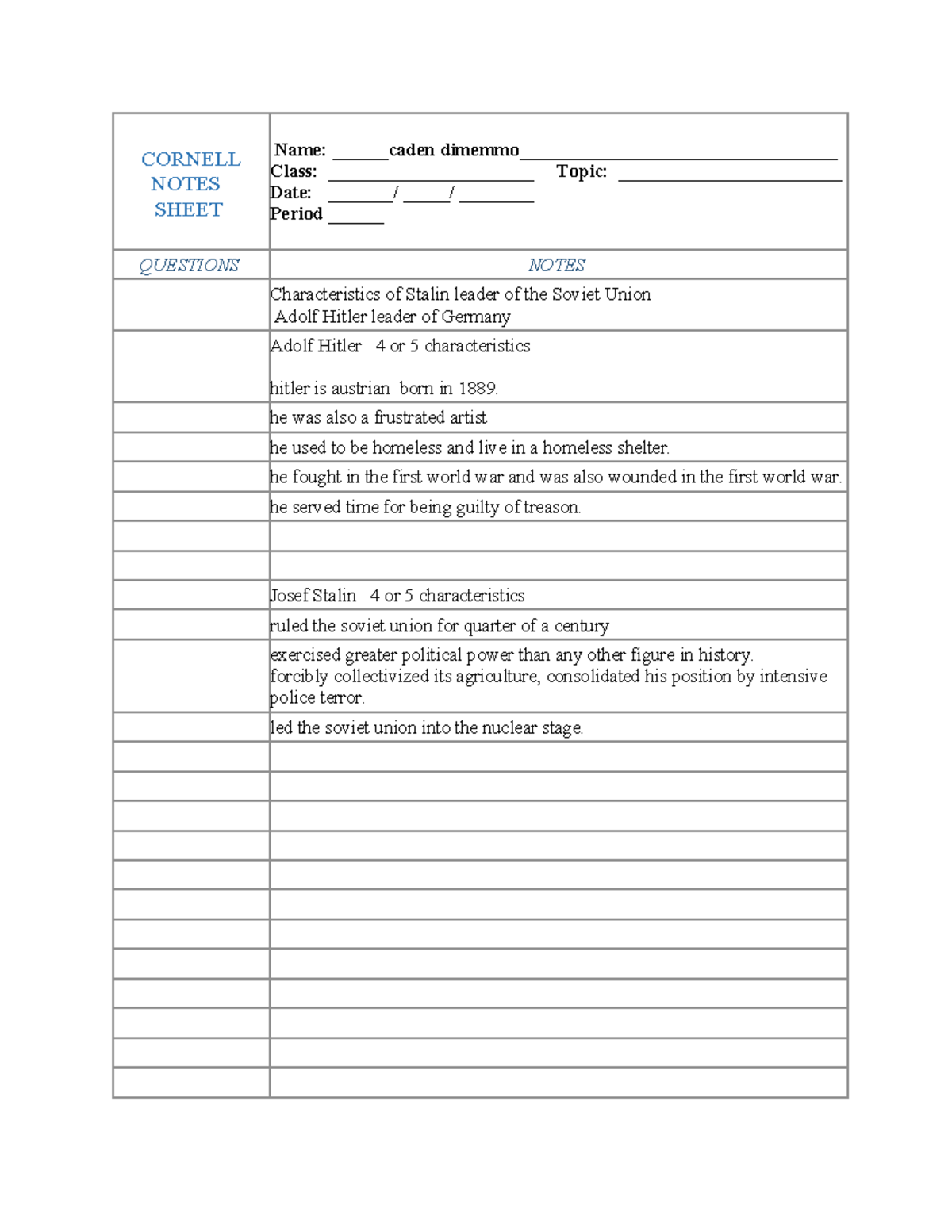 Interactive Word Cornell Notes Hitler and Stalin - CORNELL NOTES SHEET ...