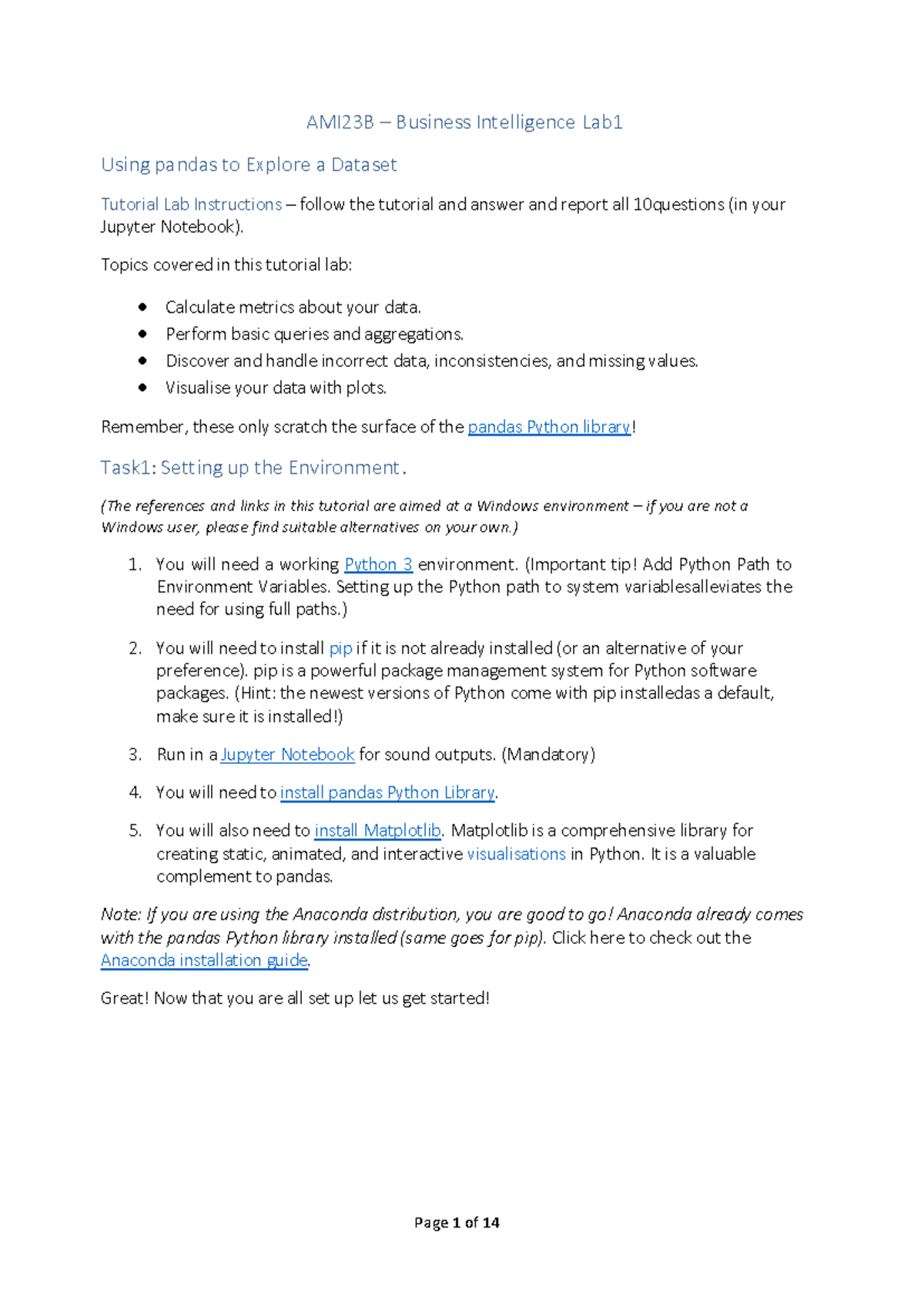 Lab1 Instructions - (Pandas Tutorial) - AMI23B – Business Intelligence Lab Using pandas to ...