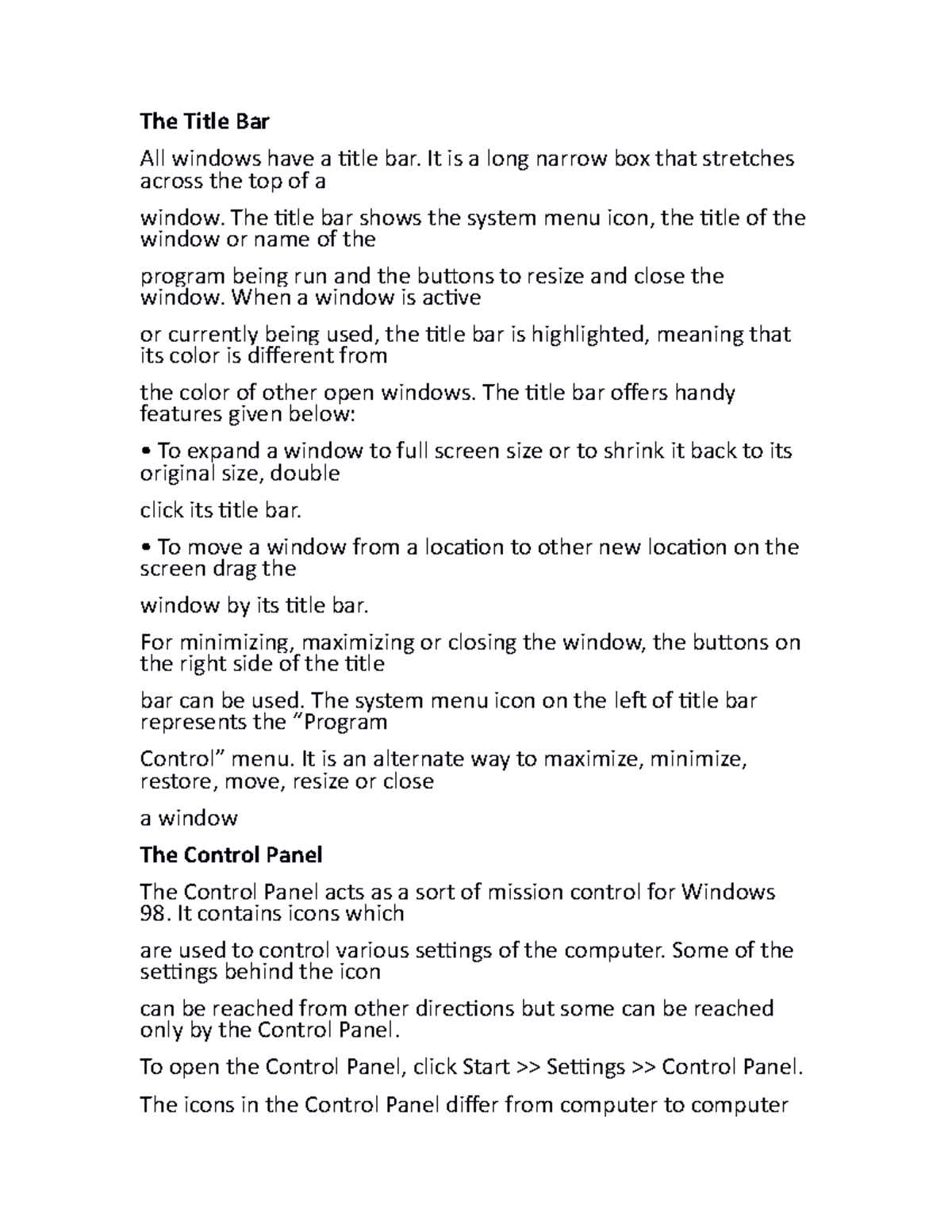 The Title Bar notes - The Title Bar All windows have a title bar. It is ...