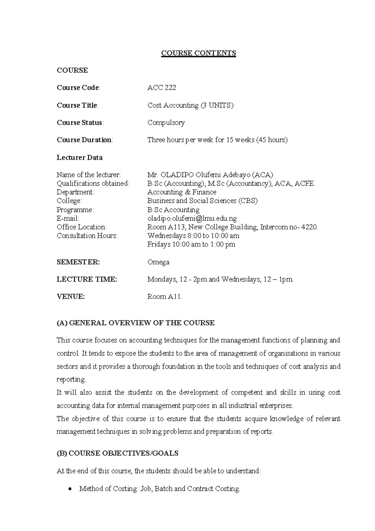 Course Contents FOR ACC 222 - COURSE CONTENTS COURSE Course Code: ACC ...
