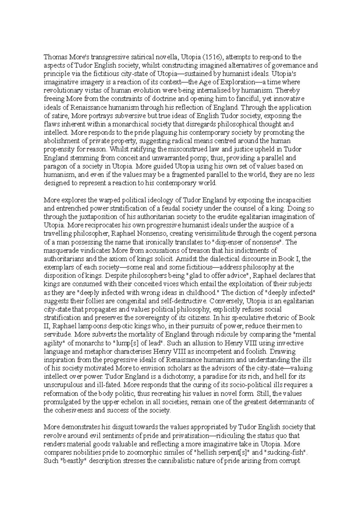 Thomas More- Utopia Essay - Thomas More's transgressive satirical ...