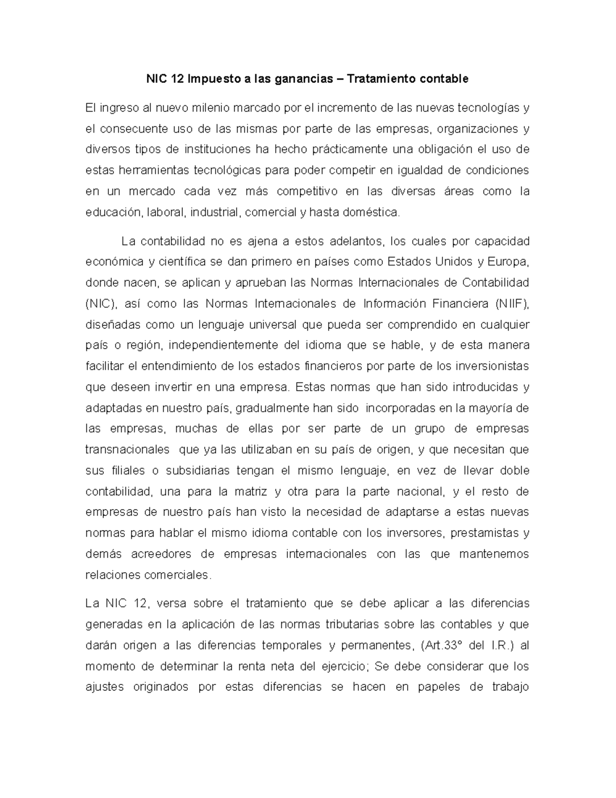 Aplicacion de la NIC 12 - NIC 12 - NIC 12 Impuesto a las ganancias ...