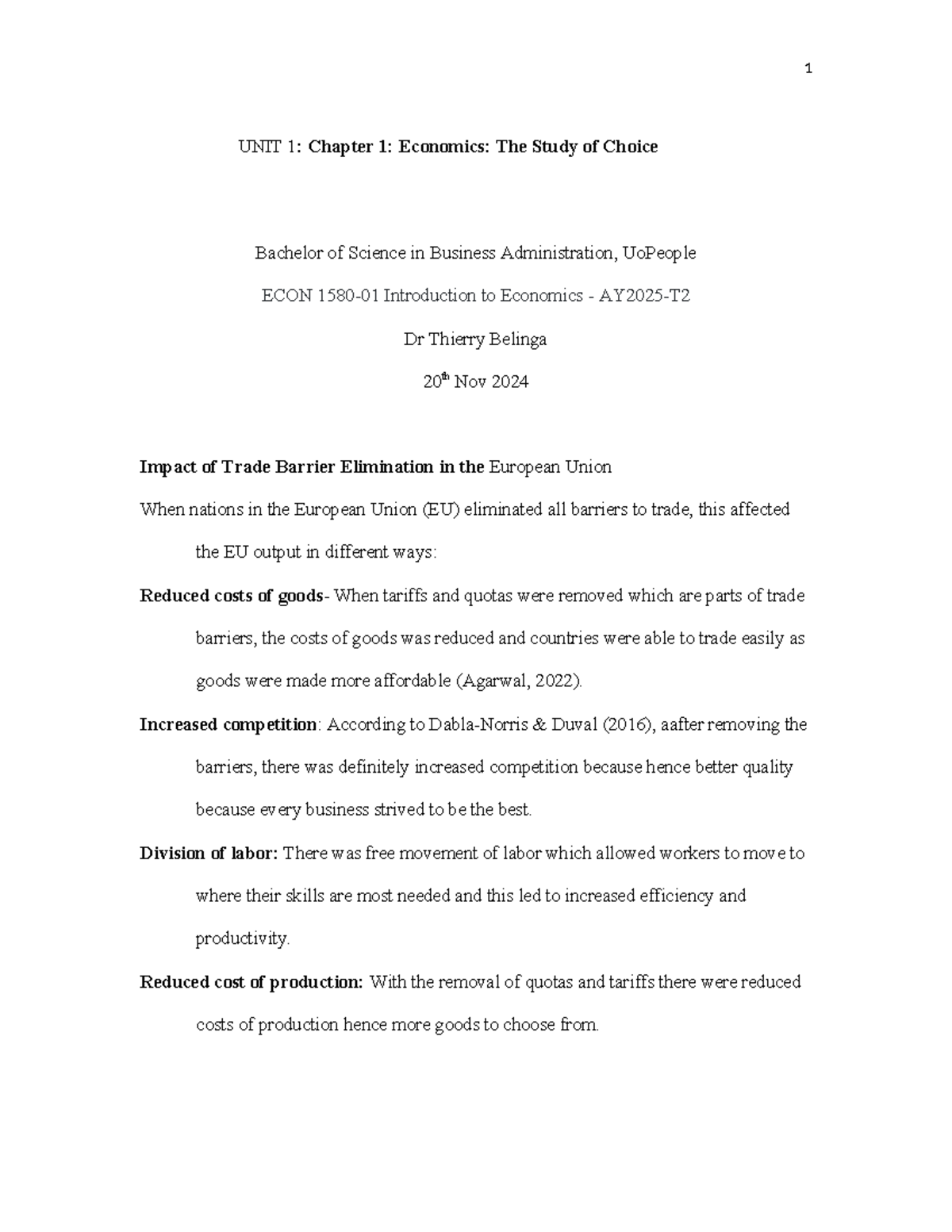 Unit 1 Chapter 1 Economics The Study of Choice D - 1 UNIT 1: Chapter 1 ...