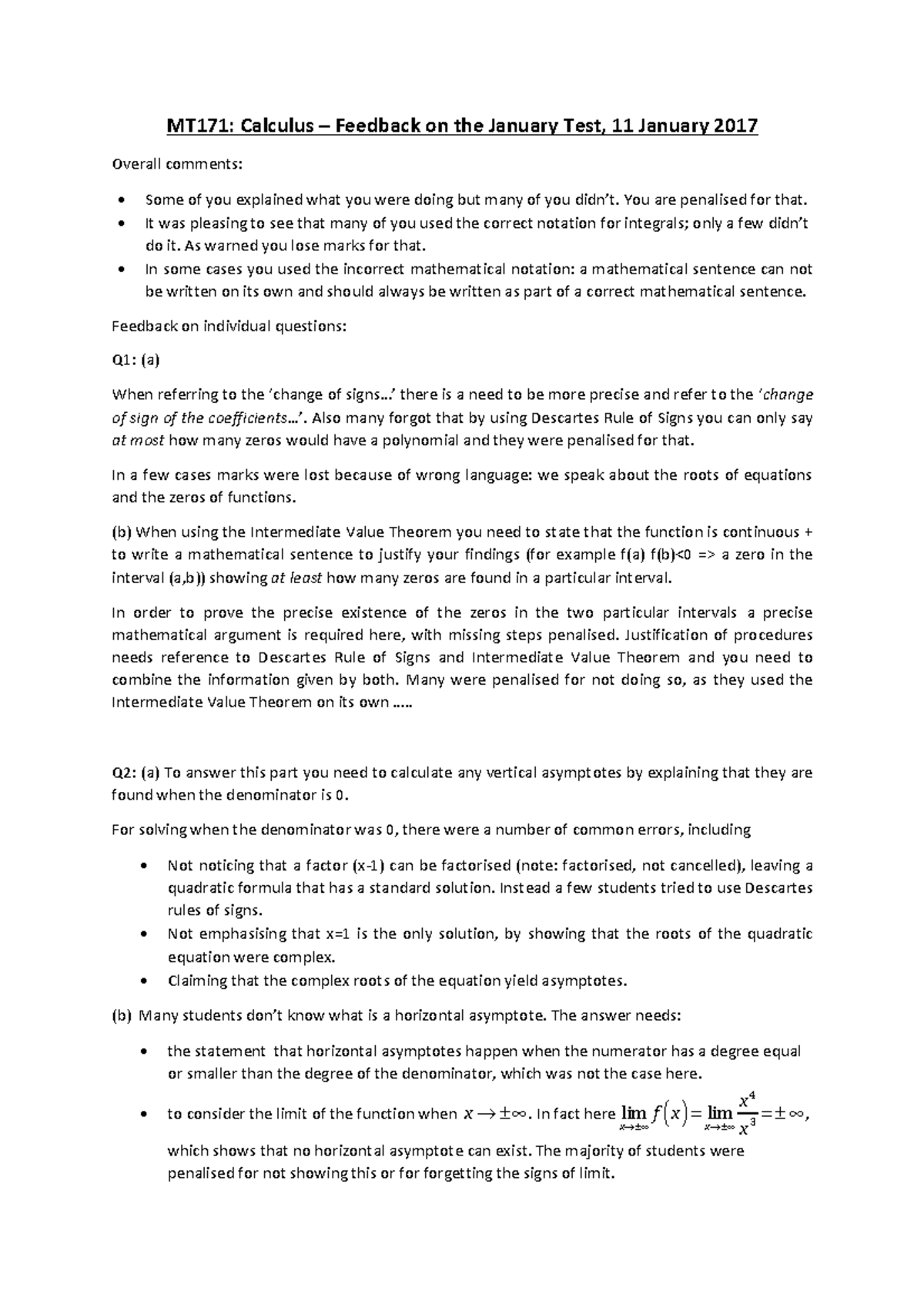 MT1710 2017 Jan Test Feedback - MT171: Calculus – Feedback on the ...
