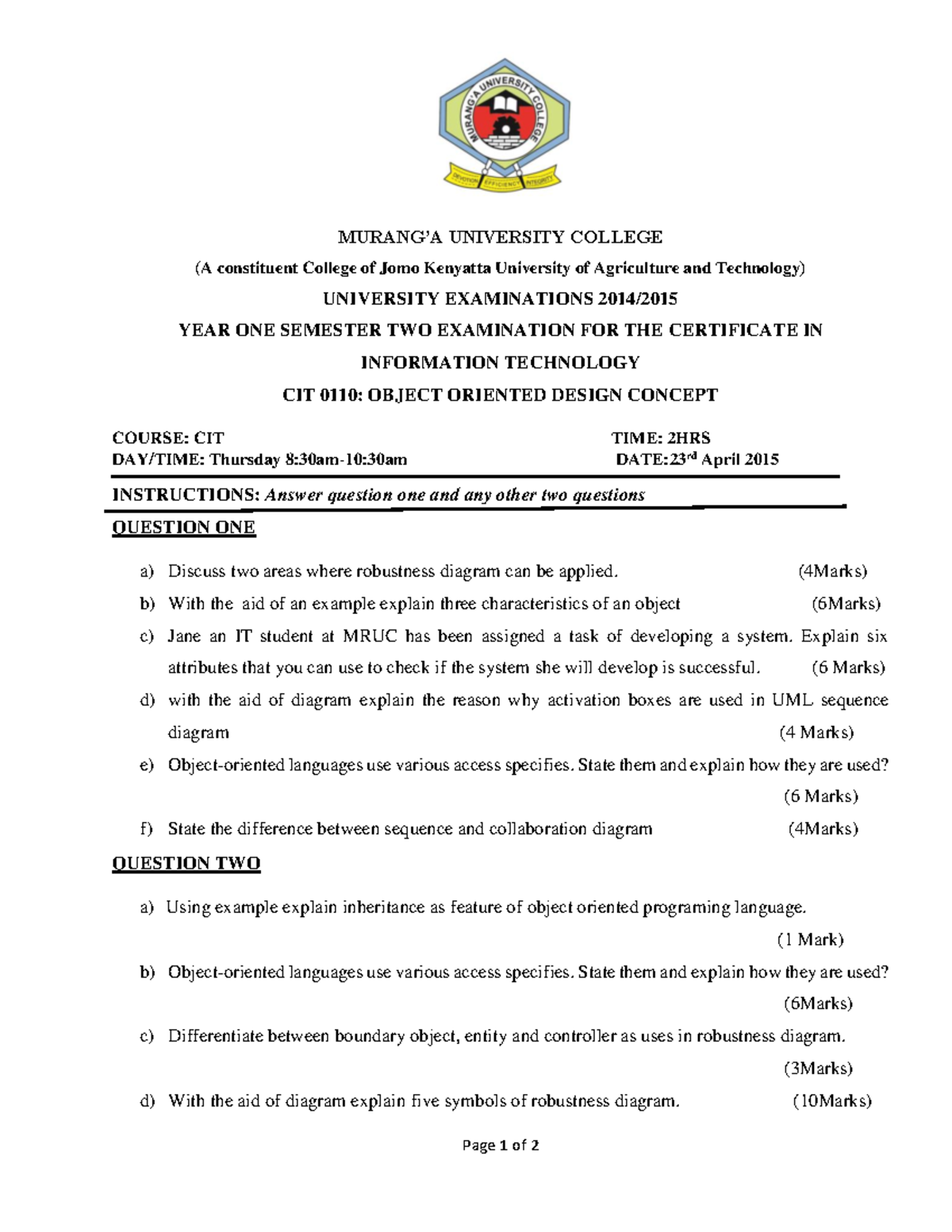 Cit O110 Object Oriented Design Concept Page 1 Of 2 Murang A University College A Constituent