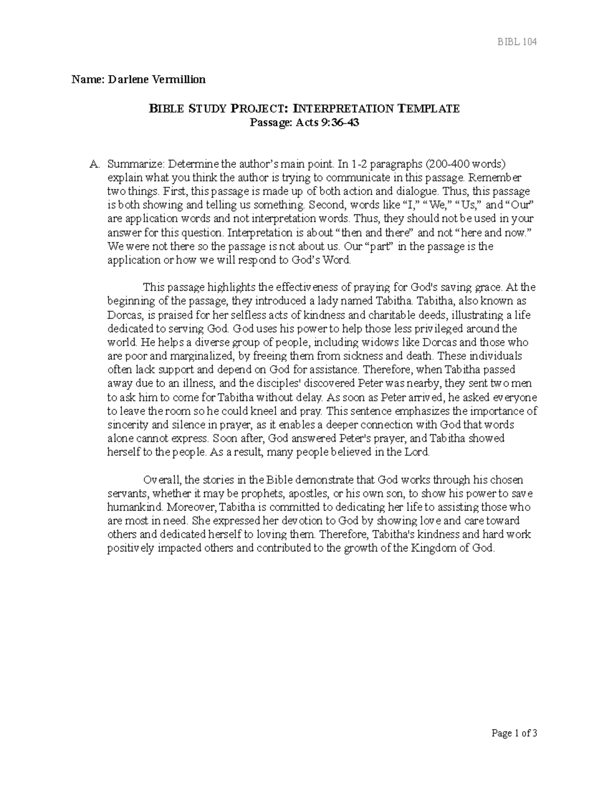 Bible Study Project Interpretation Template - BIBL 104 Name: Darlene ...