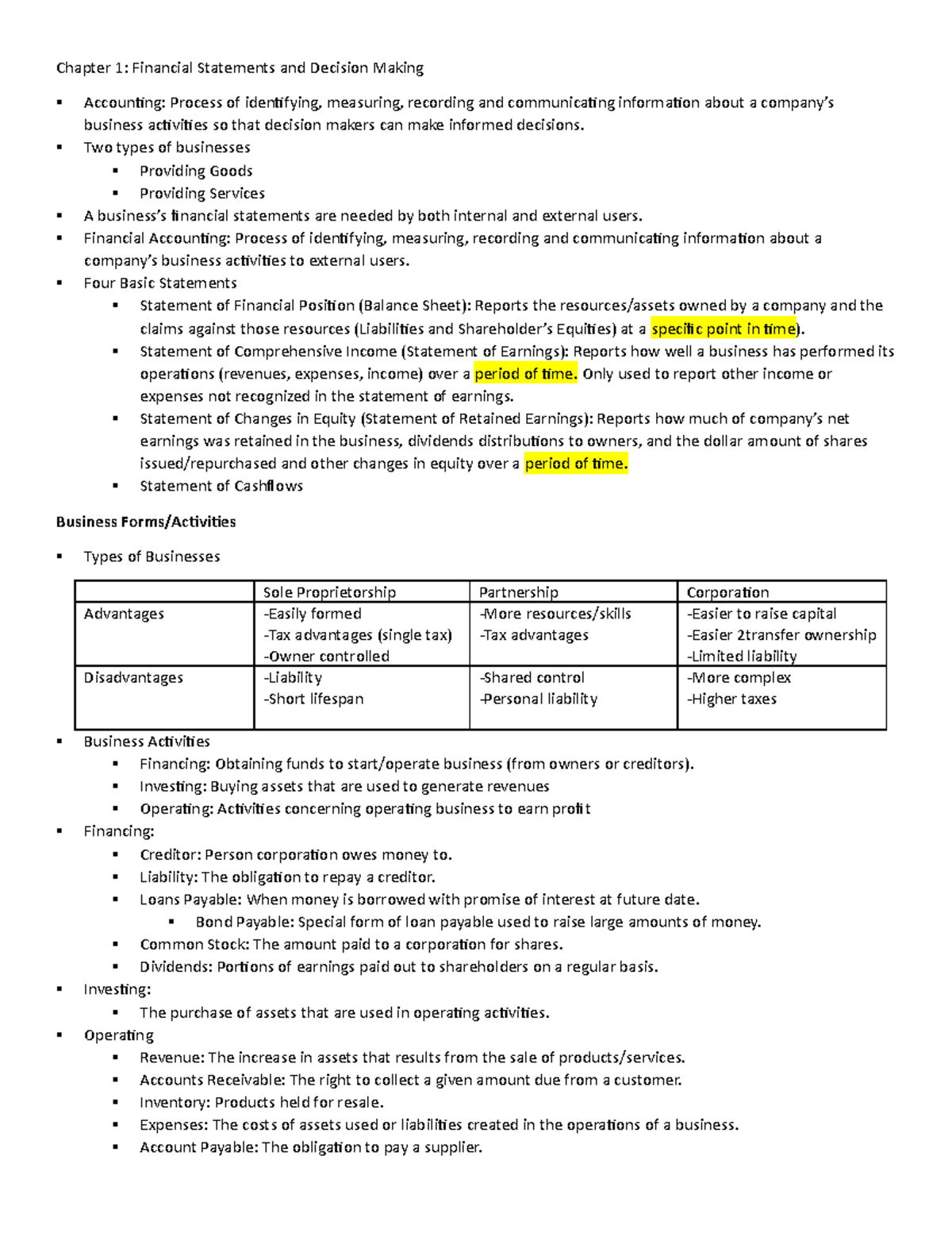 Chapter 1 Notes - Chapter 1: Financial Statements and Decision Making ...