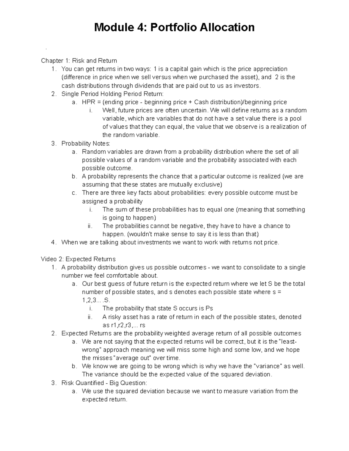 FINA4310 Module 4 Notes (Portfolio Allocation) - Chapter 1: Risk and ...