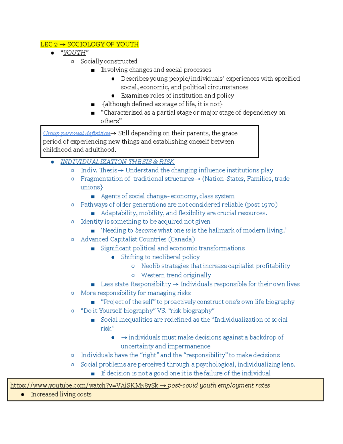 SOC2105 Week 2 Lecture - Google Docs - LEC 2 → SOCIOLOGY OF YOUTH ...