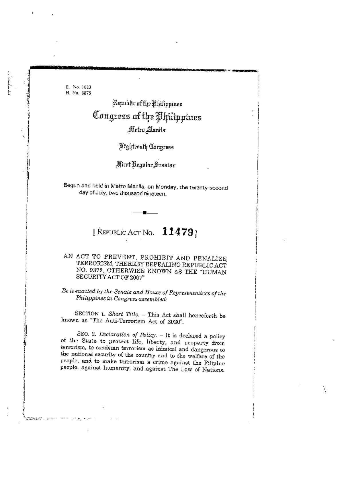 RA 11479 (2020) - Assigned reading - Political Science 11 - Studocu