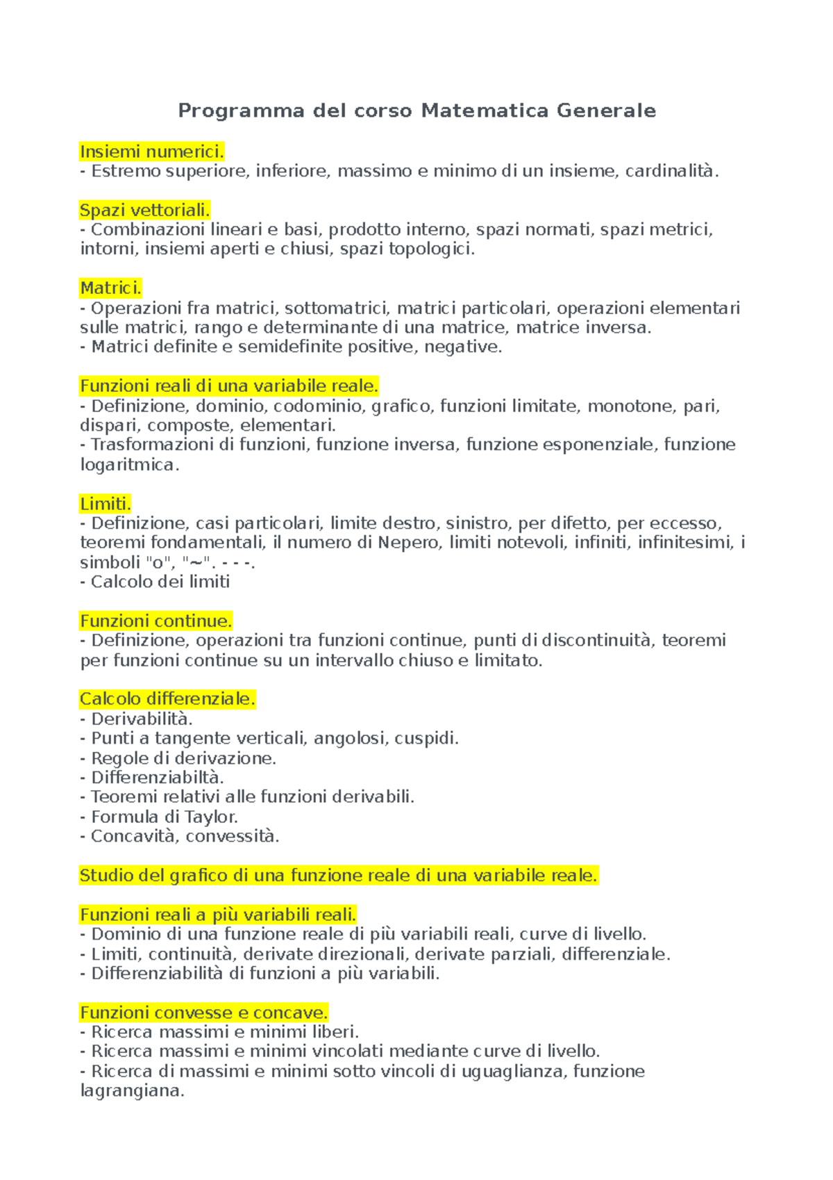 Programma del corso Matematica Generale - Estremo superiore, inferiore, massimo e minimo di un ...