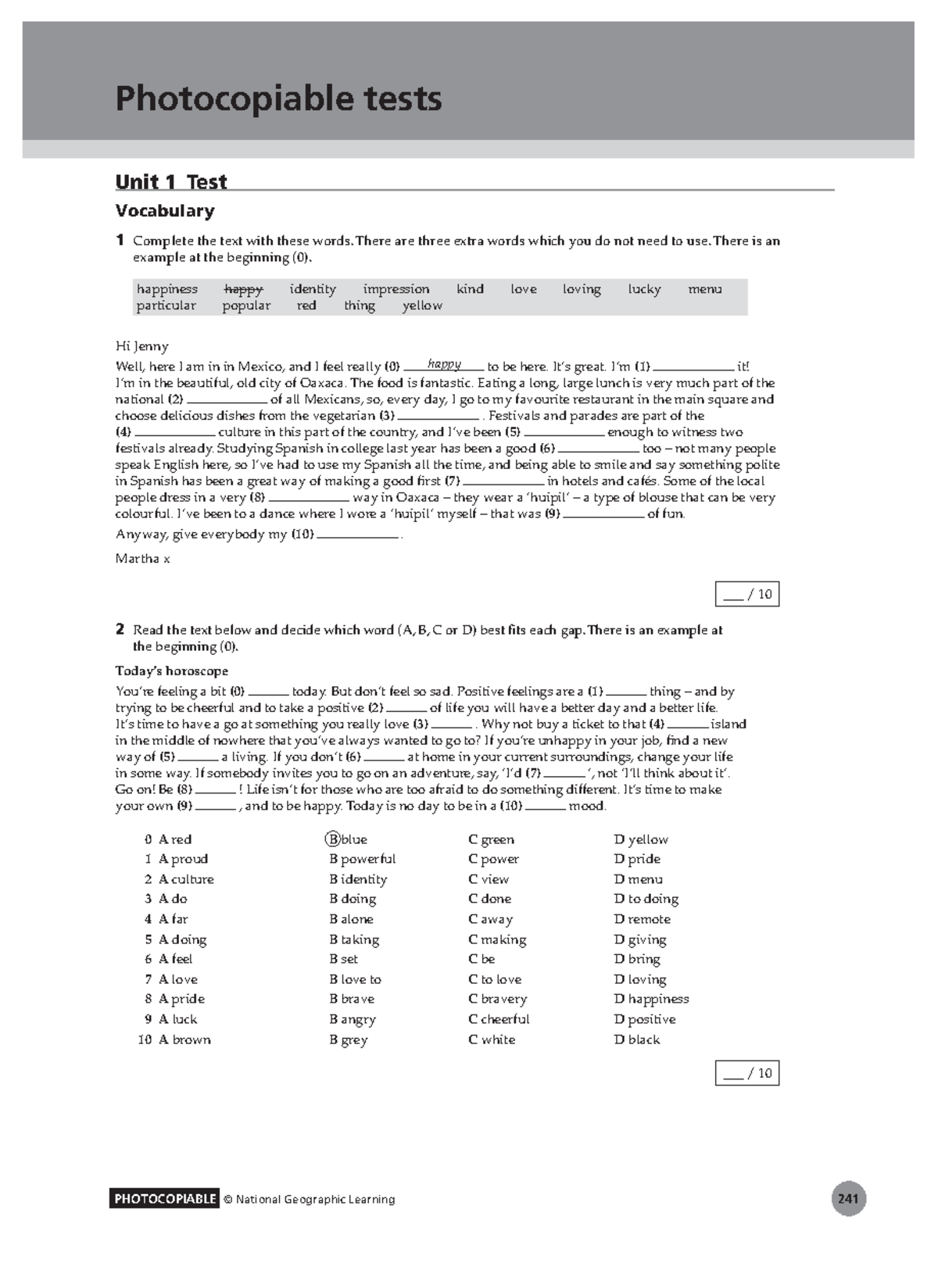 VOCABULARY AND GRAMMAR TEST - 241 Photocopiable tests Unit 1 Test ...