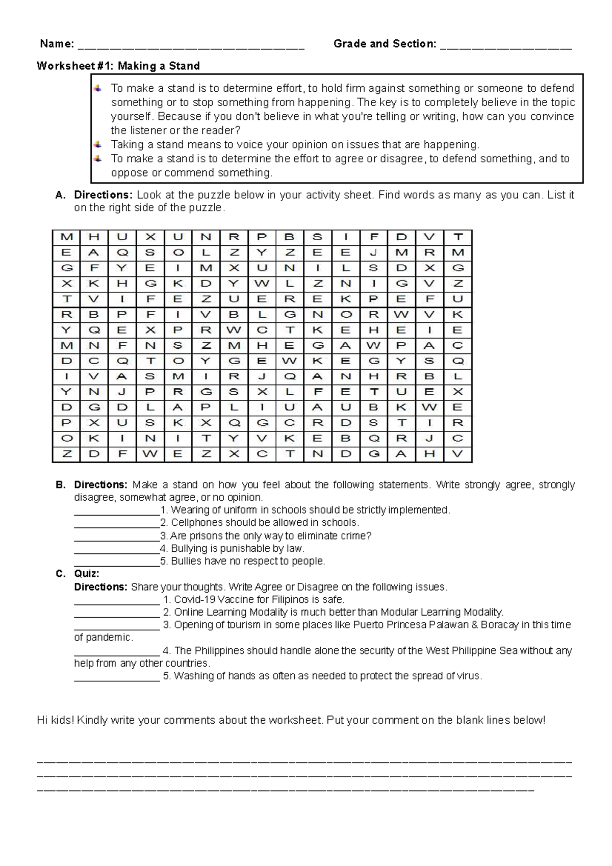 Worksheet 1 cot 1 - Name: ____________________________________ Grade and Section: - Studocu