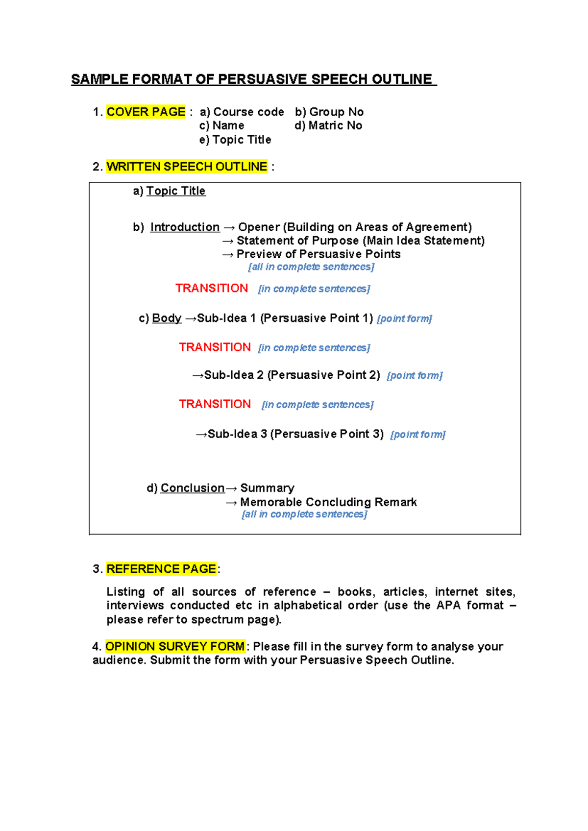 Format OF Persuasive Speech Outline - SAMPLE FORMAT OF PERSUASIVE ...