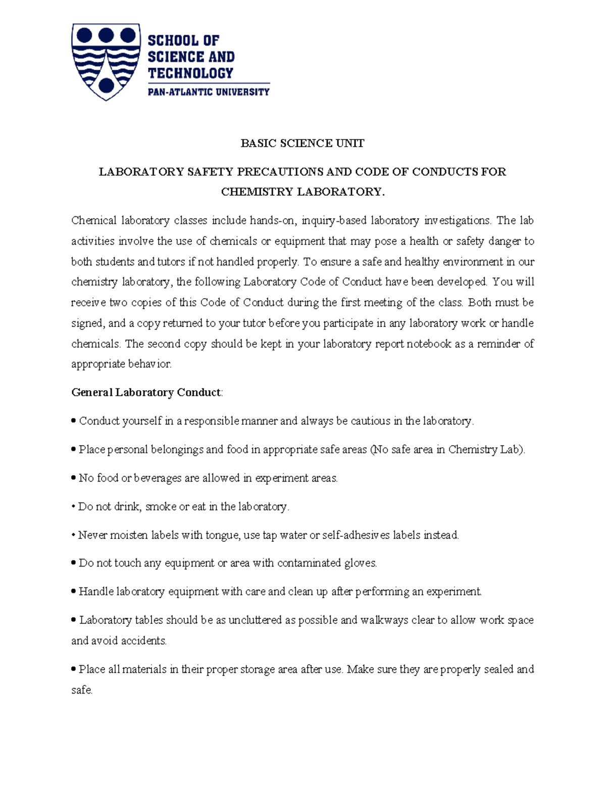Laboratory Safety Precautions AND CODE OF Conducts - BASIC SCIENCE UNIT ...