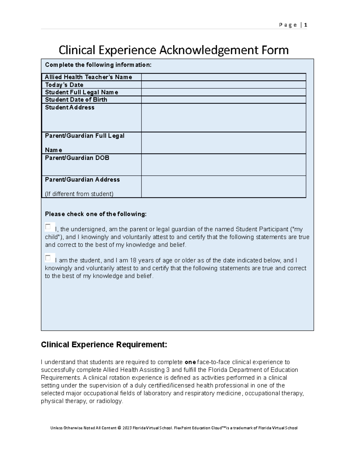 Clinical experience acknowledgement form - P a g e | 1 Clinical ...