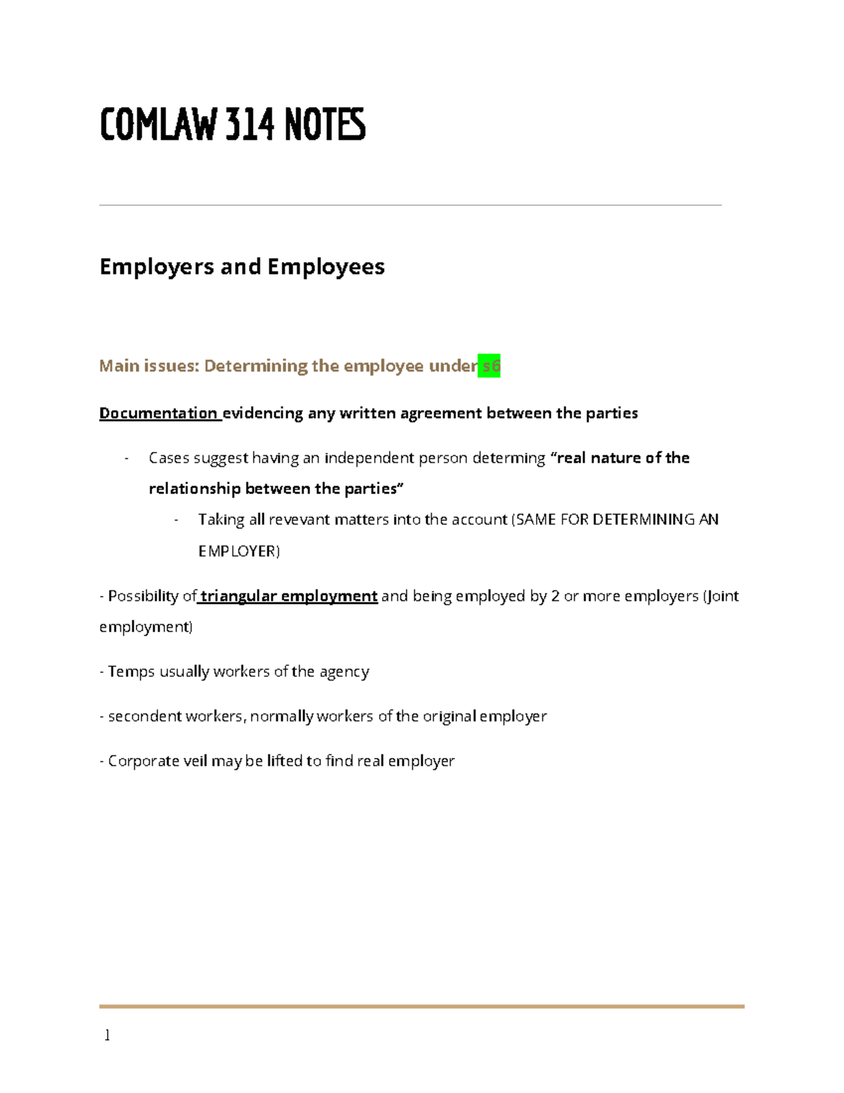 Test notes summary for mid-sem - COMLAW 314 NOTES Employers and ...