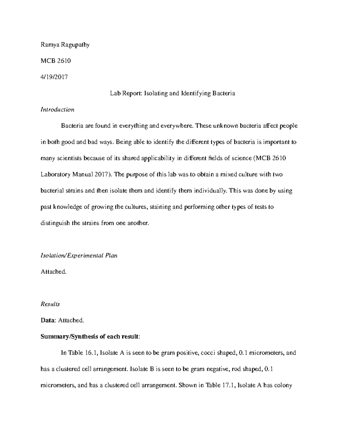 lab report - isolate and identifying bacteria - Ramya Ragupathy MCB ...