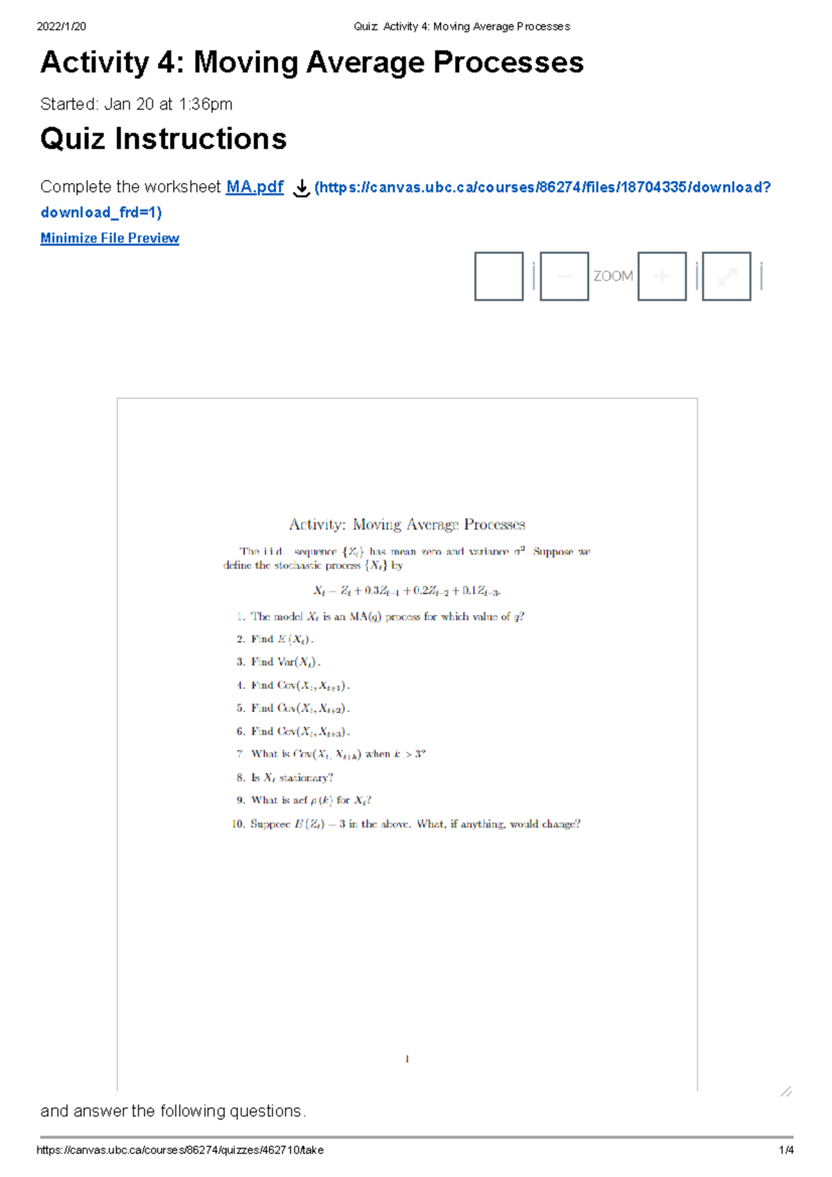 Quiz Activity 4 Moving Average Processes Activity 4 Moving Average Processes Started Jan 20
