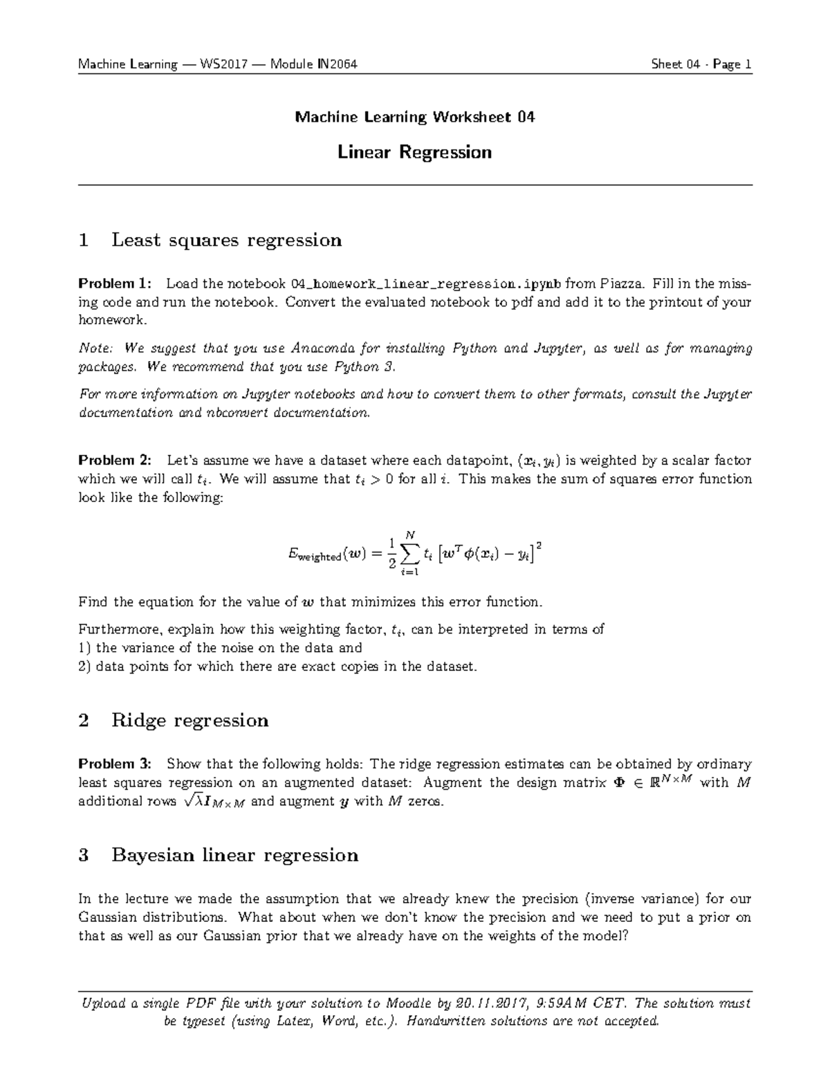 04 homework tasks - Wintersemester - Machine Learning — WS2017 — Module IN2064 Sheet 04·Page 1 ...
