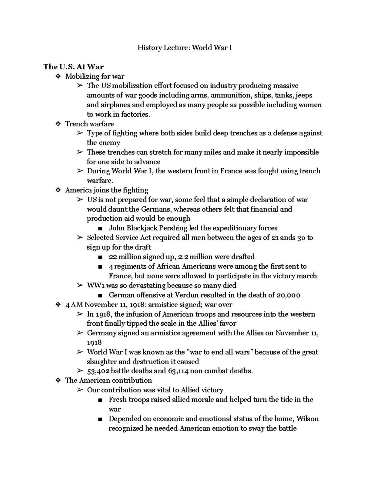 History 106 Lecture World War I - History Lecture: World War I The U ...