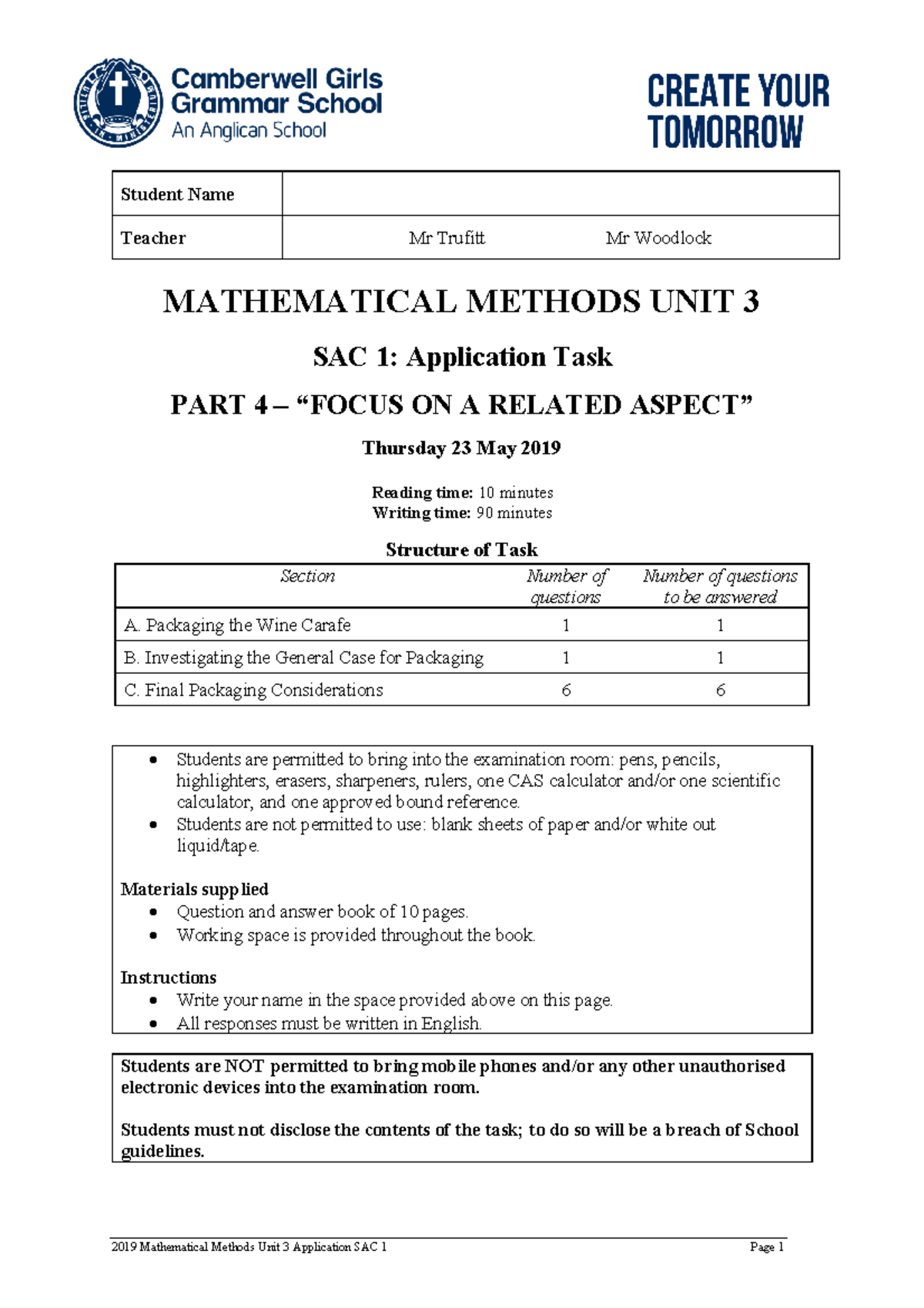CGGS 2019 12MME SAC 1 - yeyesyweywe - MATHEMATICAL METHODS UNIT 3 SAC 1: Application Task PART 4 ...