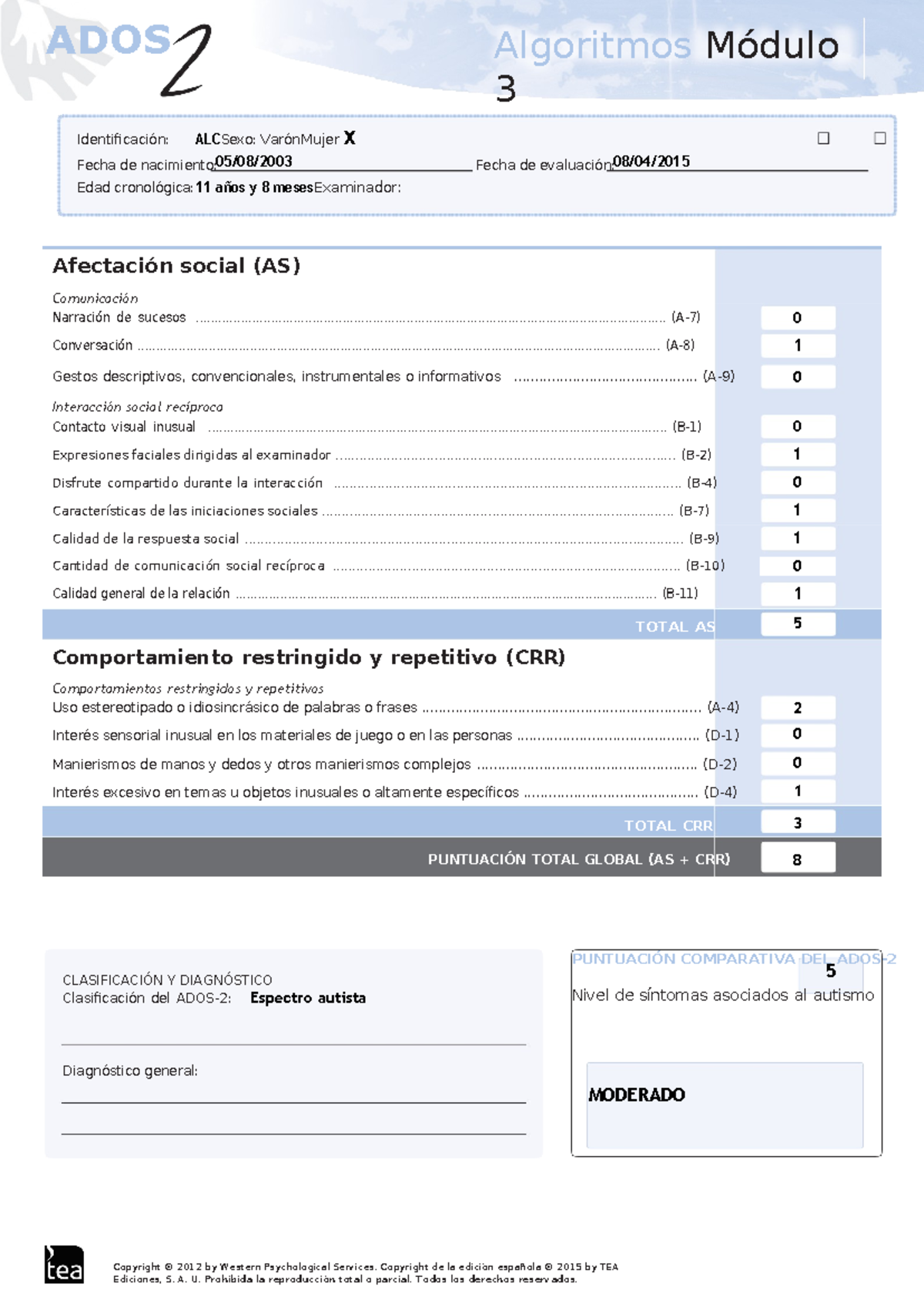 ADOS2 Algo M 3 ALC - ADOS Algoritmos Módulo 3 Identificación: ALCSexo ...