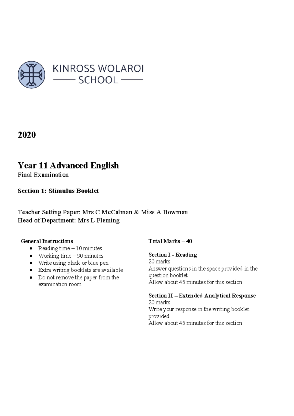 2020 Yr11 English Advanced Exam Stimulus Booklet Final Exam - 2020 Year ...