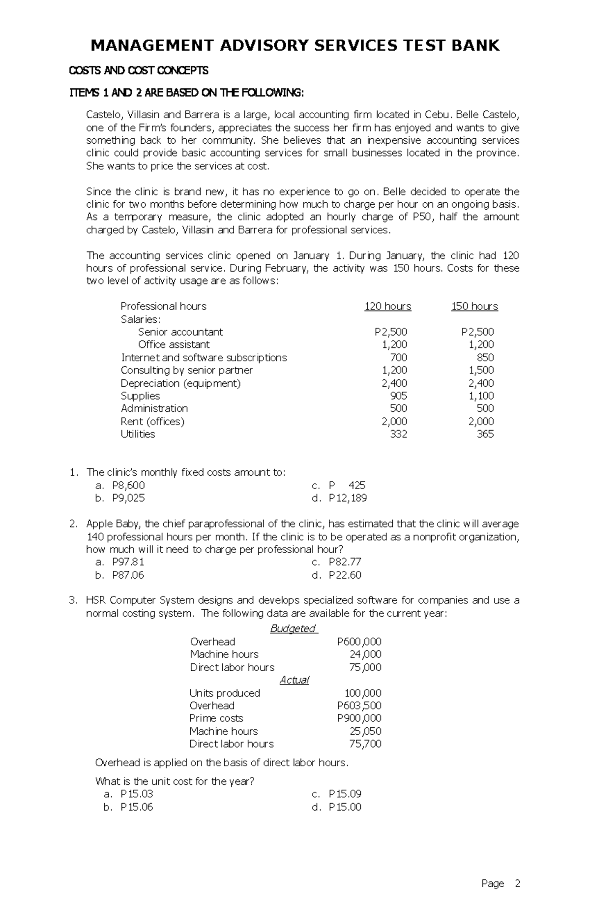 MAS TEST BANK Question - MAS TEST BANK - MANAGEMENT ADVISORY SERVICES ...