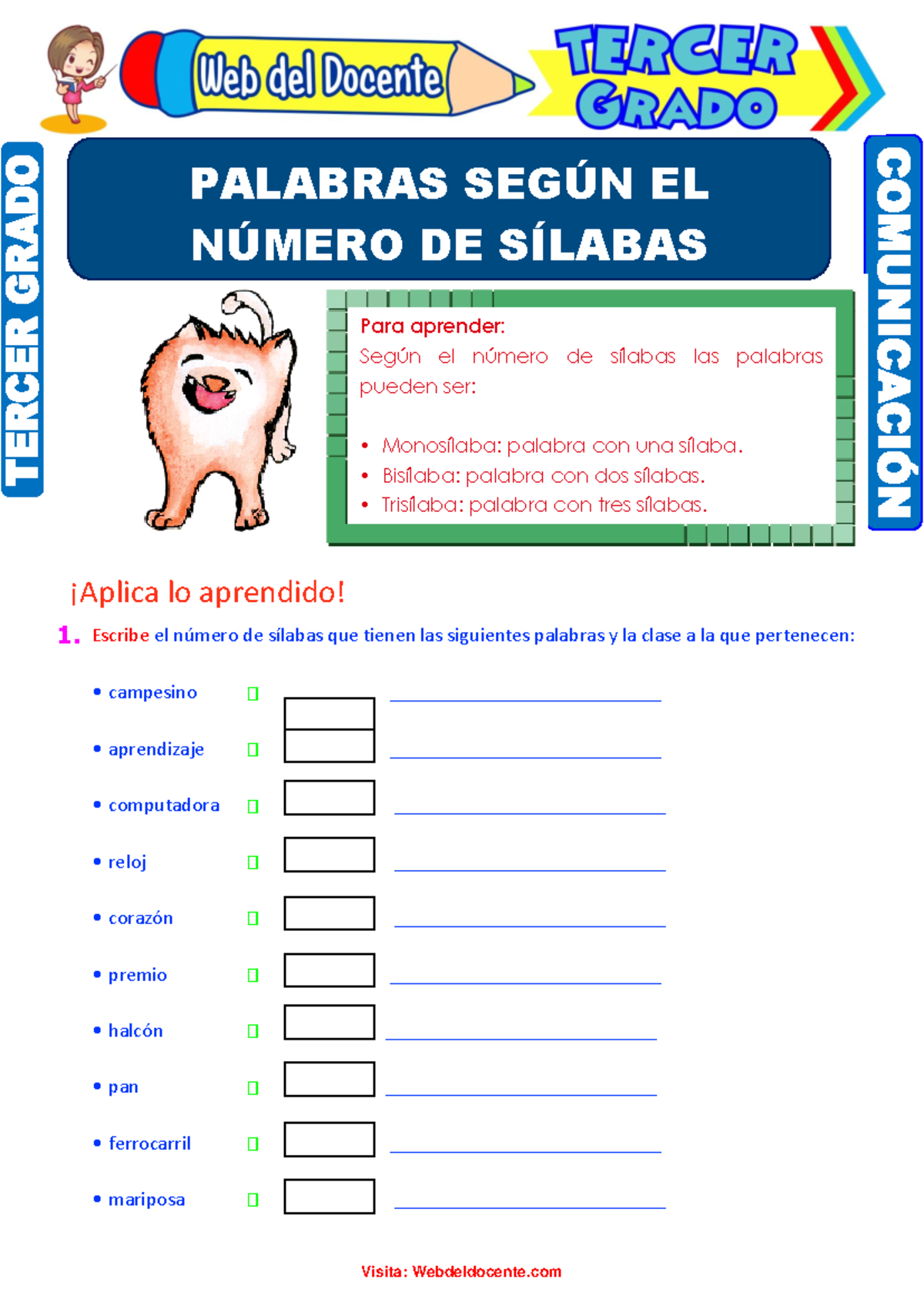 Clases de Palabras por el Número de Sílabas para Tercer Grado de ...