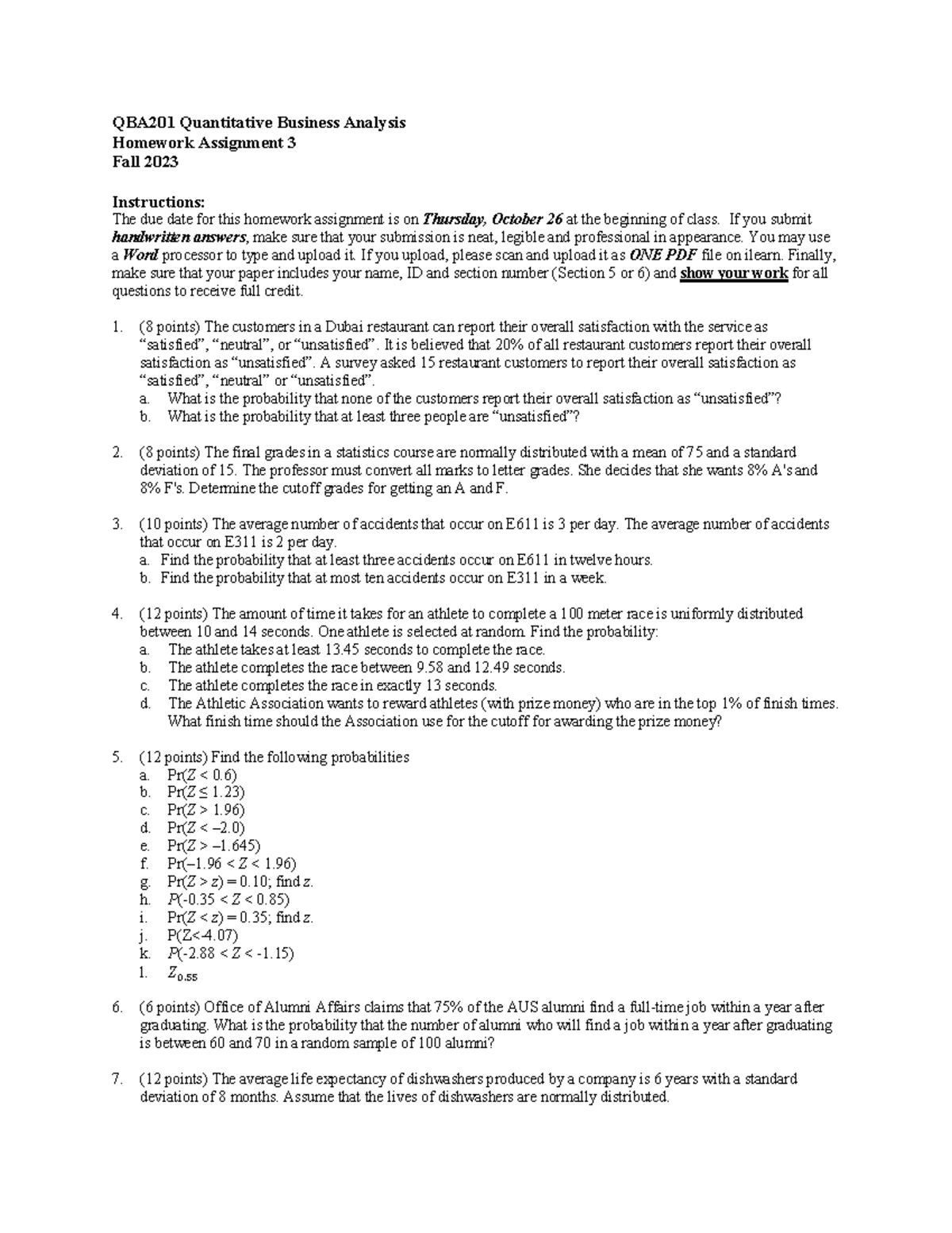 QBA 201 HW3 F23 - vhjvuyv - QBA201 Quantitative Business Analysis ...