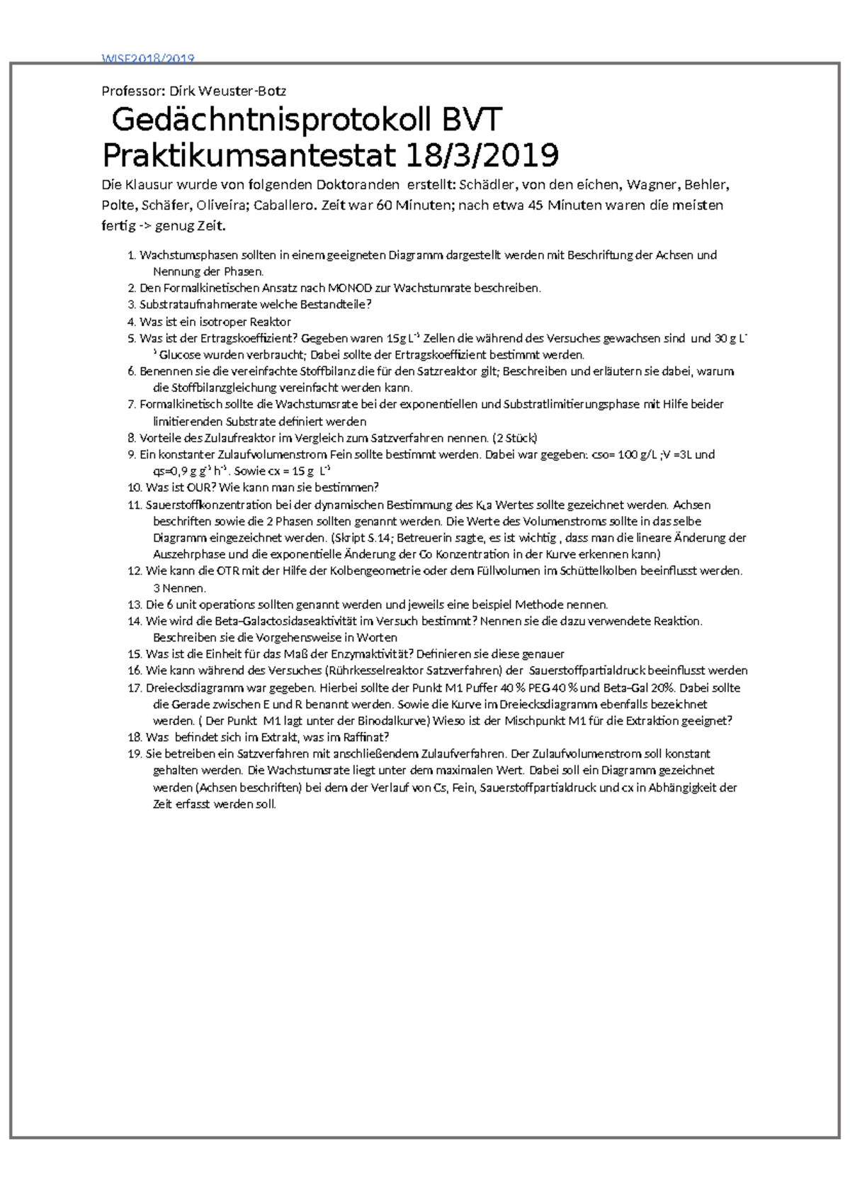 Gedächntnisprotokoll BVT Praktikumsantestat 19 - WISE2018/ Professor ...