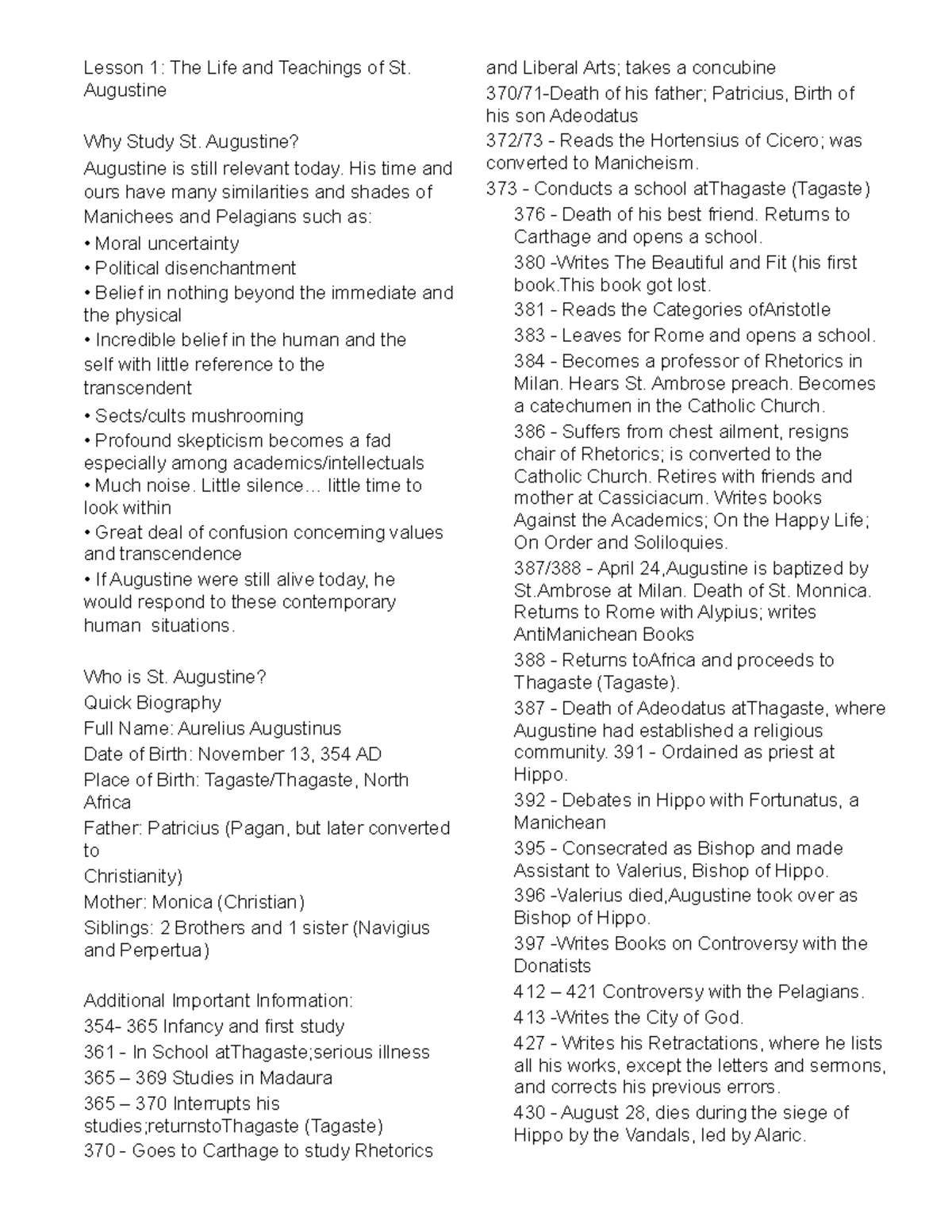 REED Notes - Summary or Outline on the Topic: Life of Saint Augustine ...