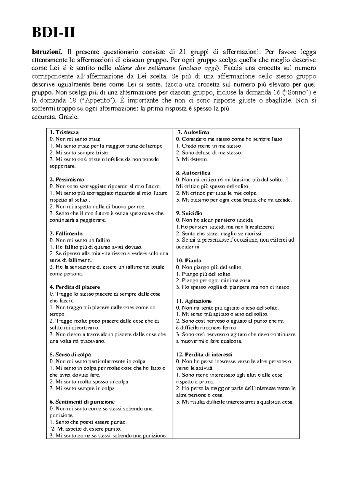 Beck-Italiano - scala - BDI-II Istruzioni. Il presente questionario ...