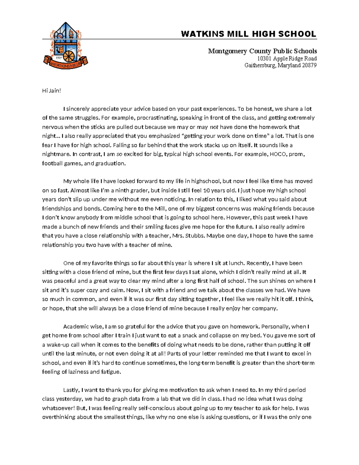 Miah Santiago Response to a 10th Grader's Letter-3 - WATKINS MILL HIGH ...