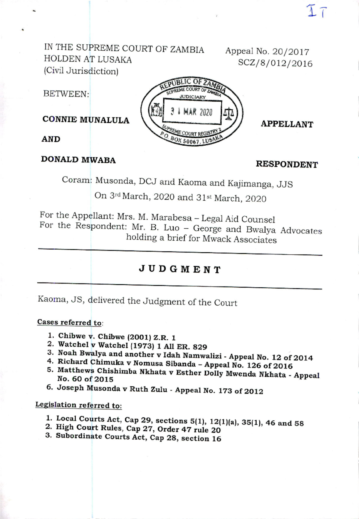 App 20 2017 Connie Munalula Vs Donald Mwaba 31st March 2020 Musonda DCJ ...