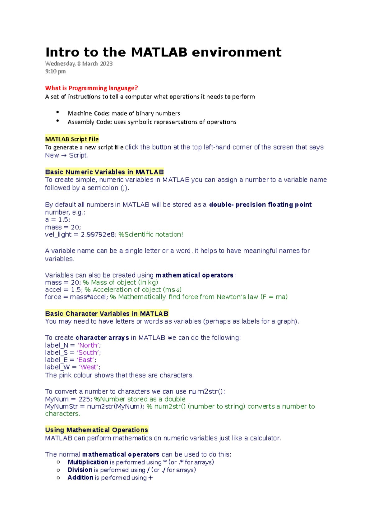 Intro To The Matlab Environment Intro To The Matlab Environment