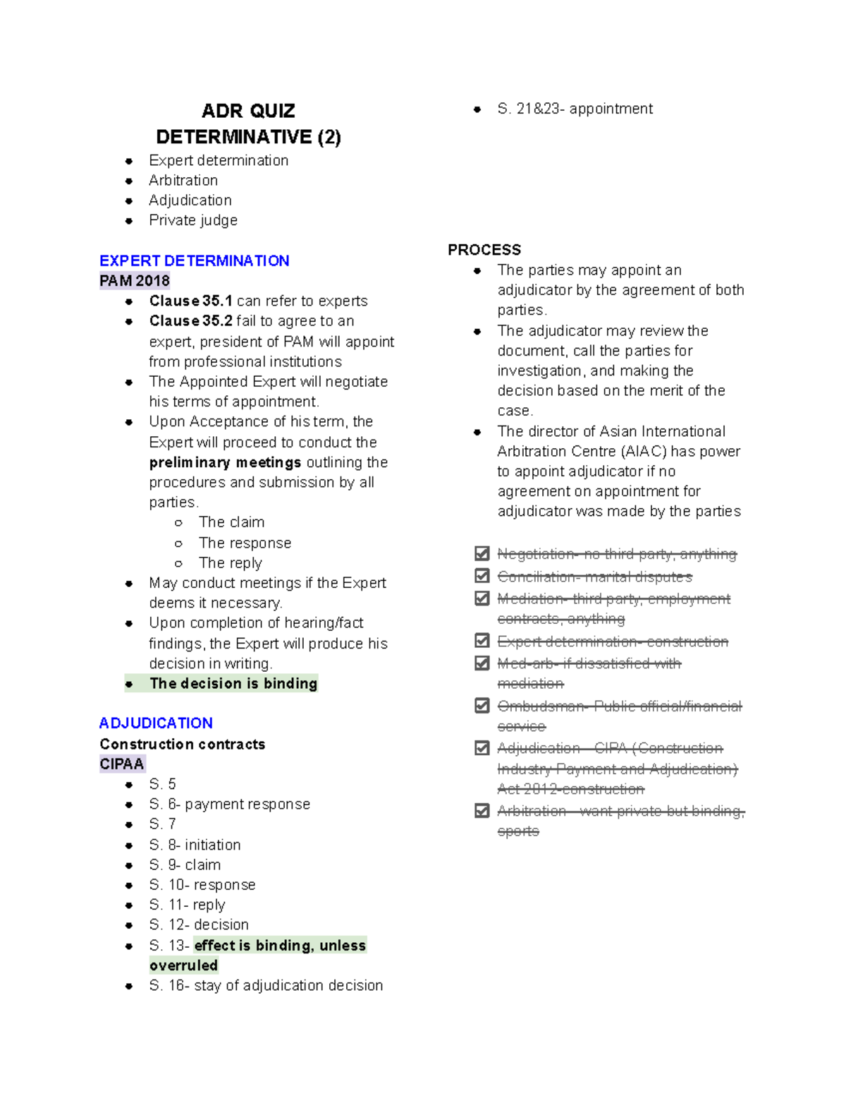 ADR QUIZ - Notes in quiz - ADR QUIZ DETERMINATIVE (2) Expert ...