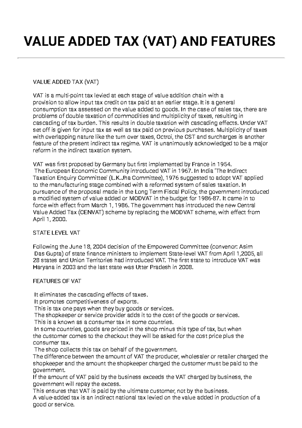 Value Added TAX (VAT) AND Features - VALUE ADDED TAX (VAT) AND FEATURES ...