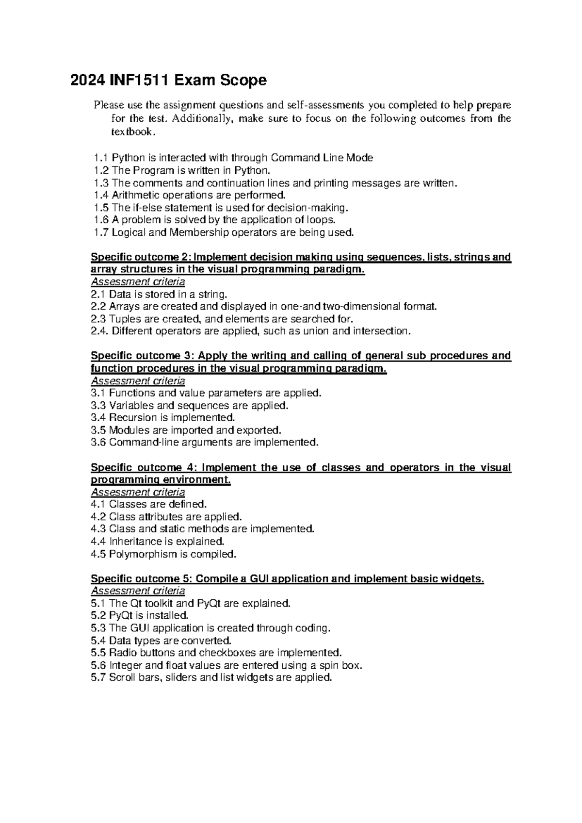 2024 INF1511 Exam Scope - 2024 INF 1511 Exam Scope Please use the assignment questions and - Studocu