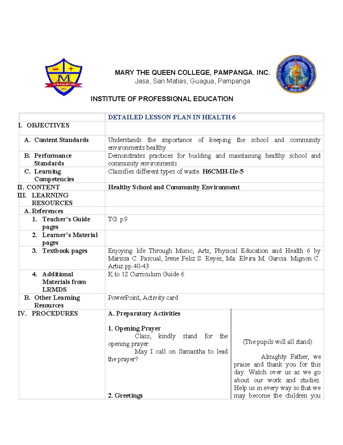 Lesson-PLAN- Health 6 - BEED - MARY THE QUEEN COLLEGE, PAMPANGA. INC ...