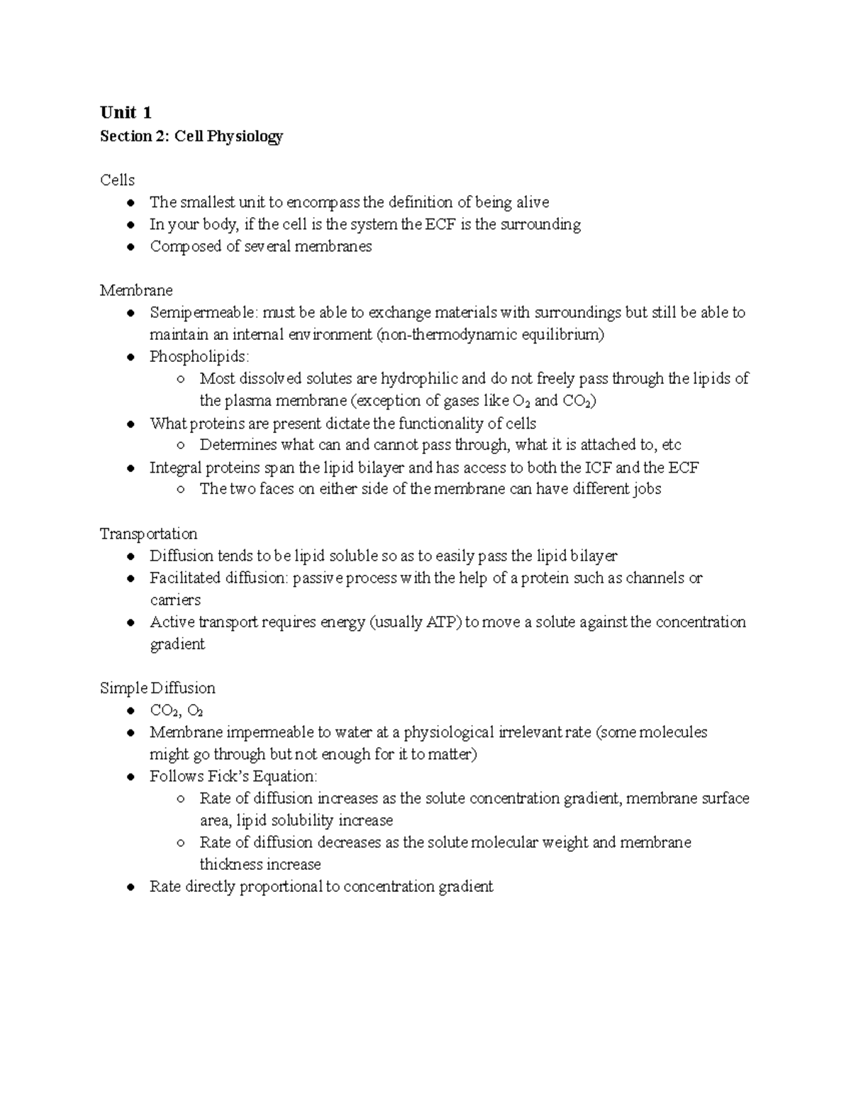 Biol 4160 1.2 Cell Phsyiology - Unit 1 Section 2: Cell Physiology Cells ...