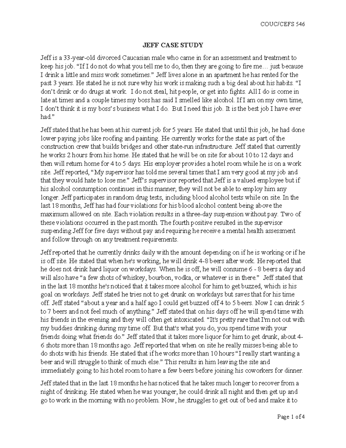 Jeff Case Study COUC CEFS 546 - JEFF CASE STUDY Jeff is a 33-year-old ...
