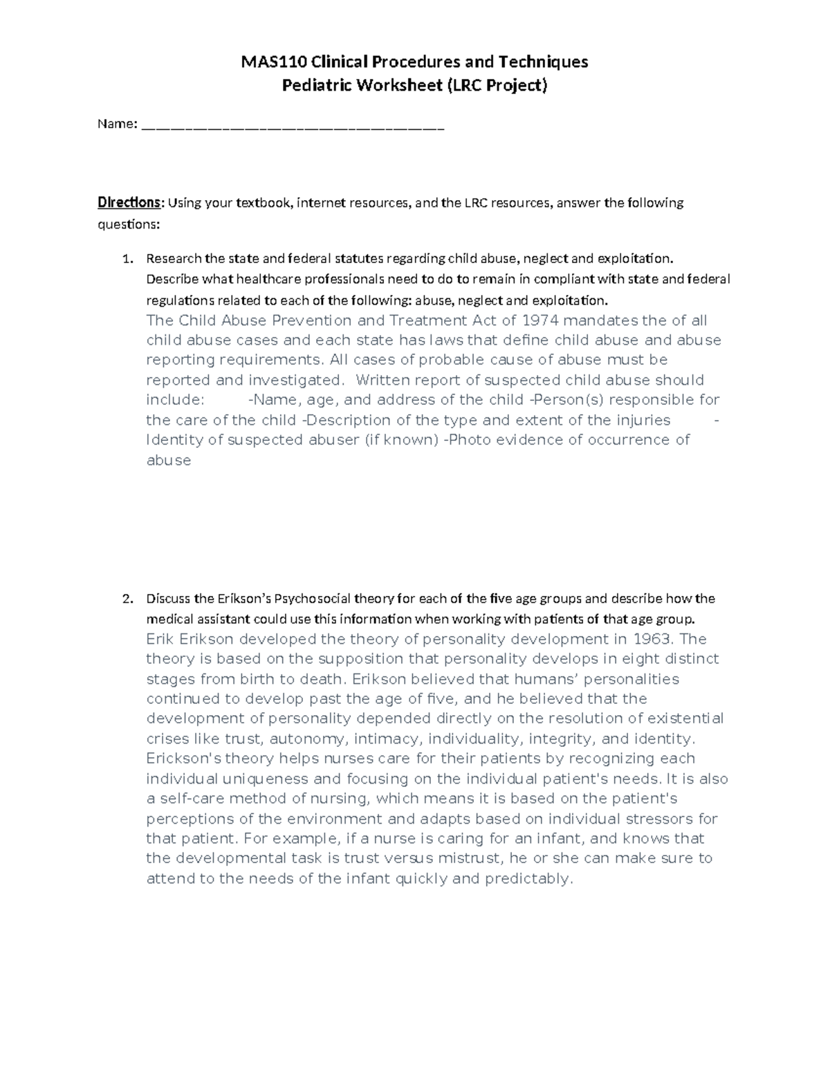 MAS110 Week 5 Pediatric Worksheet - MAS110 Clinical Procedures and ...