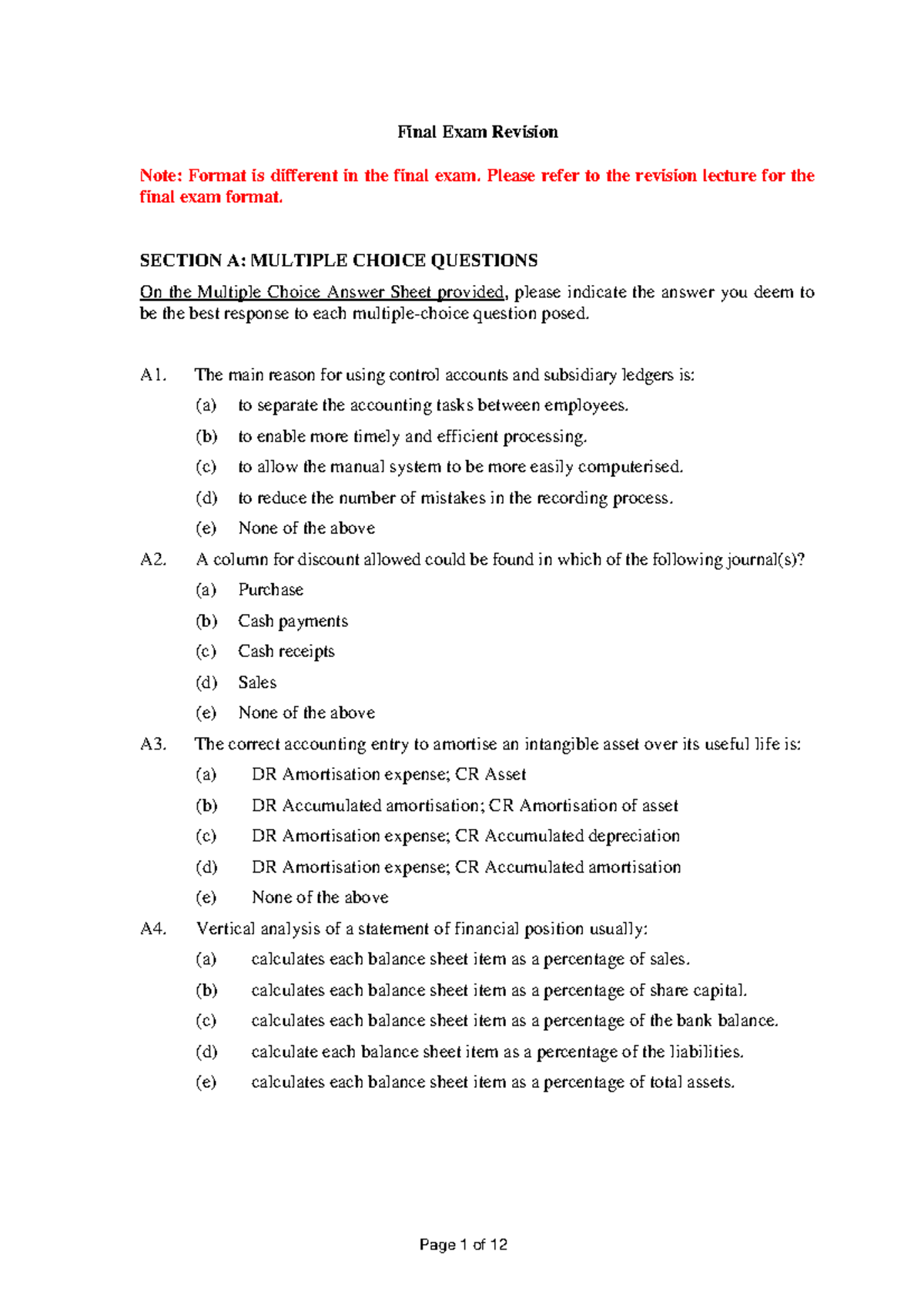 Final Exam 2018, questions - Final Exam Revision Note: Format is ...