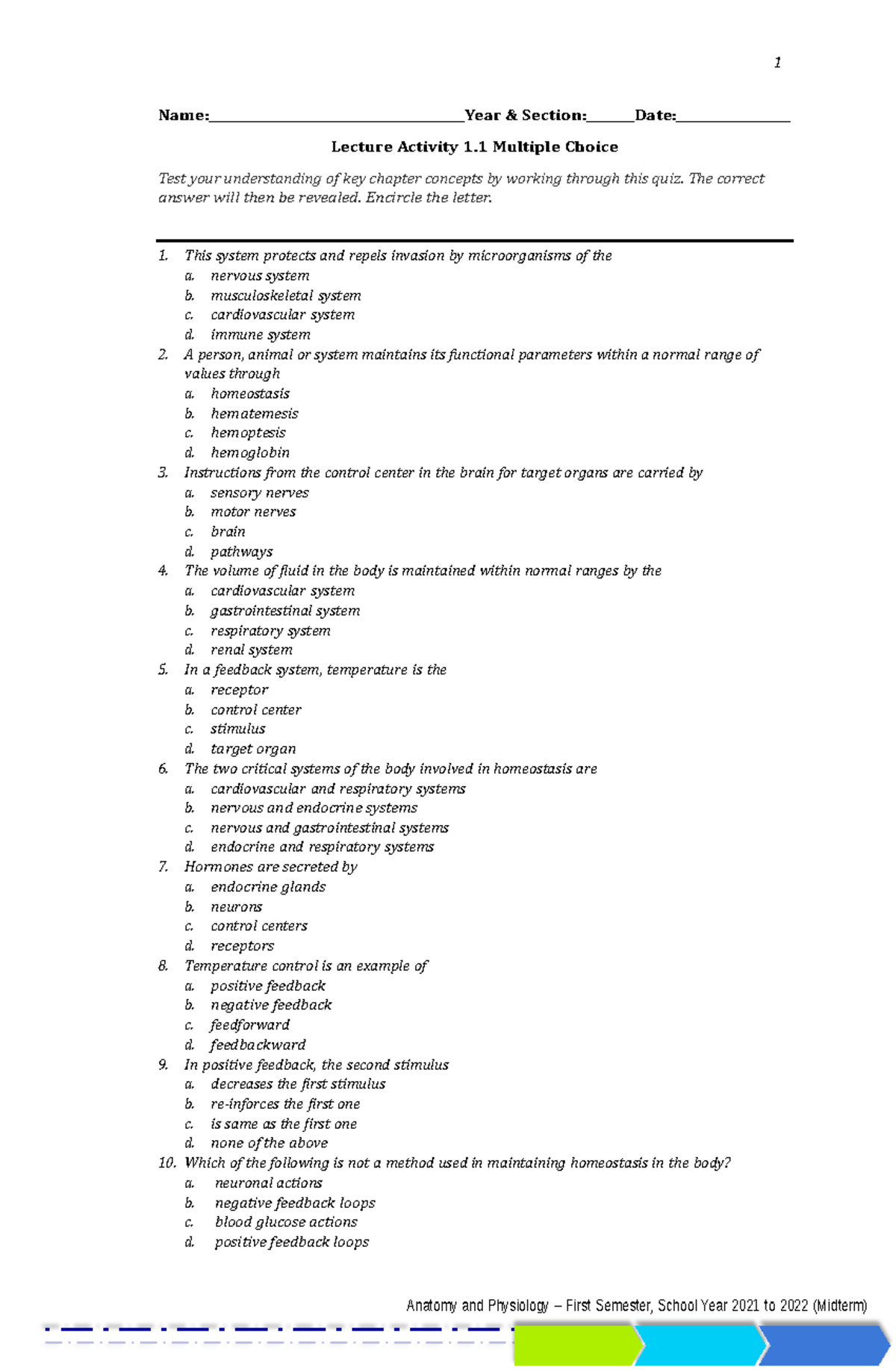 Introduction Anatomy and Physiology Lecture and Lab Activities - 1 ...