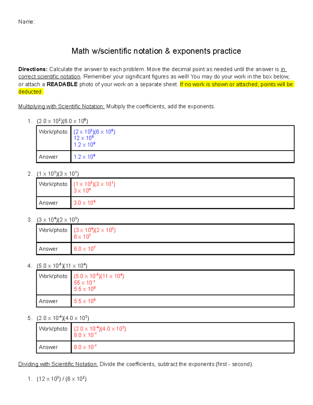 Math w scientific notation & exponents practice - Math w/scientific ...