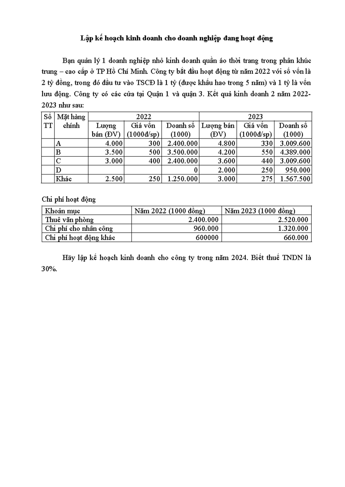 Bai tap - Lap KHKD 2024 - lap khkd - Lập kế hoạch kinh doanh cho doanh ...