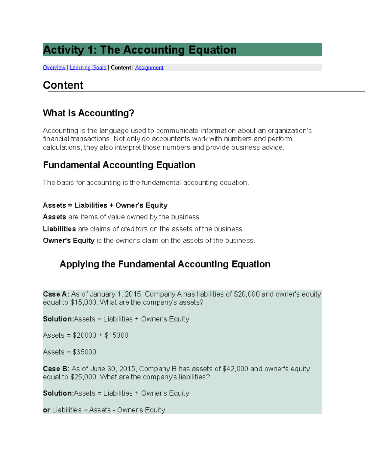 Accounting Equation Review - Activity 1: The Accounting Equation ...